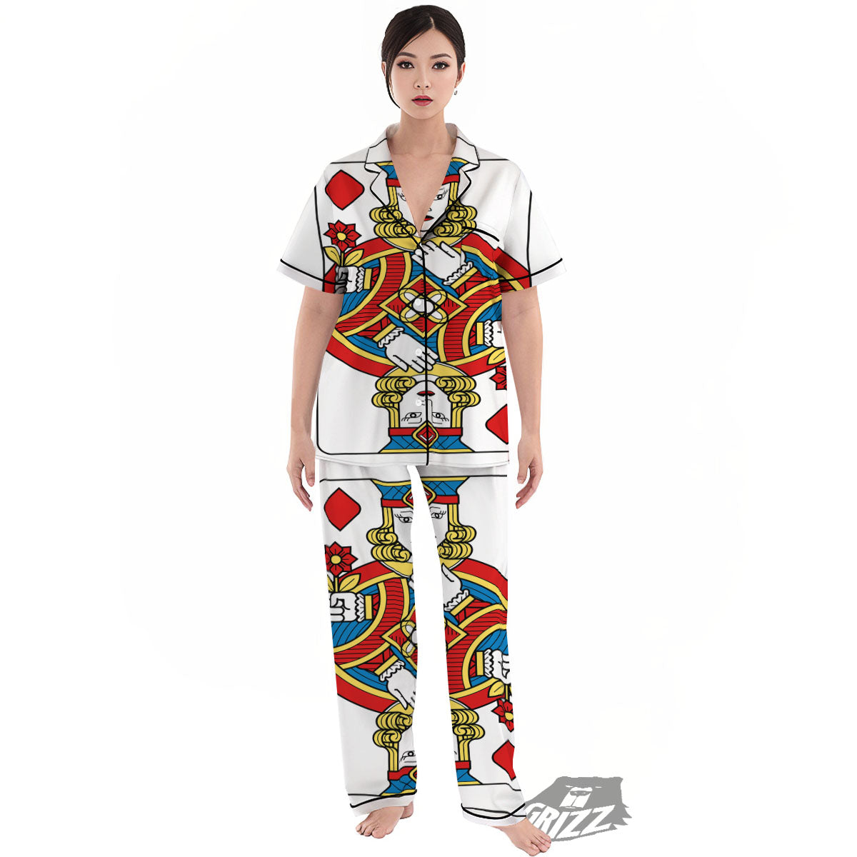 Playing Card Queen Of Diamonds Print Women's Pajamas Set