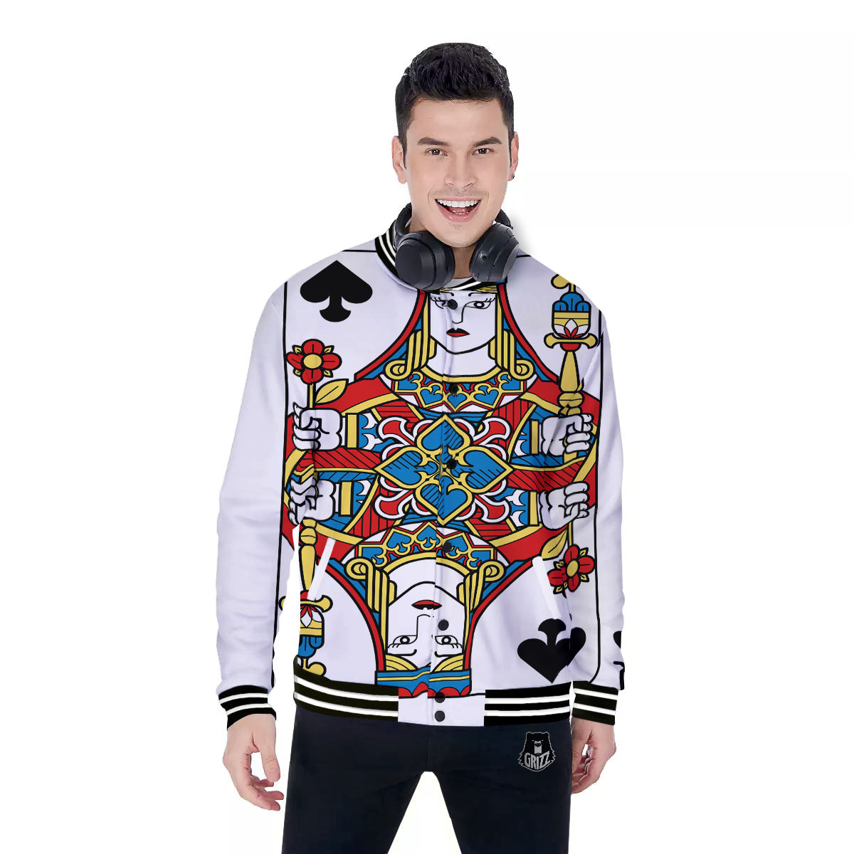 Playing Card Queen Of Spades Print Baseball Jacket