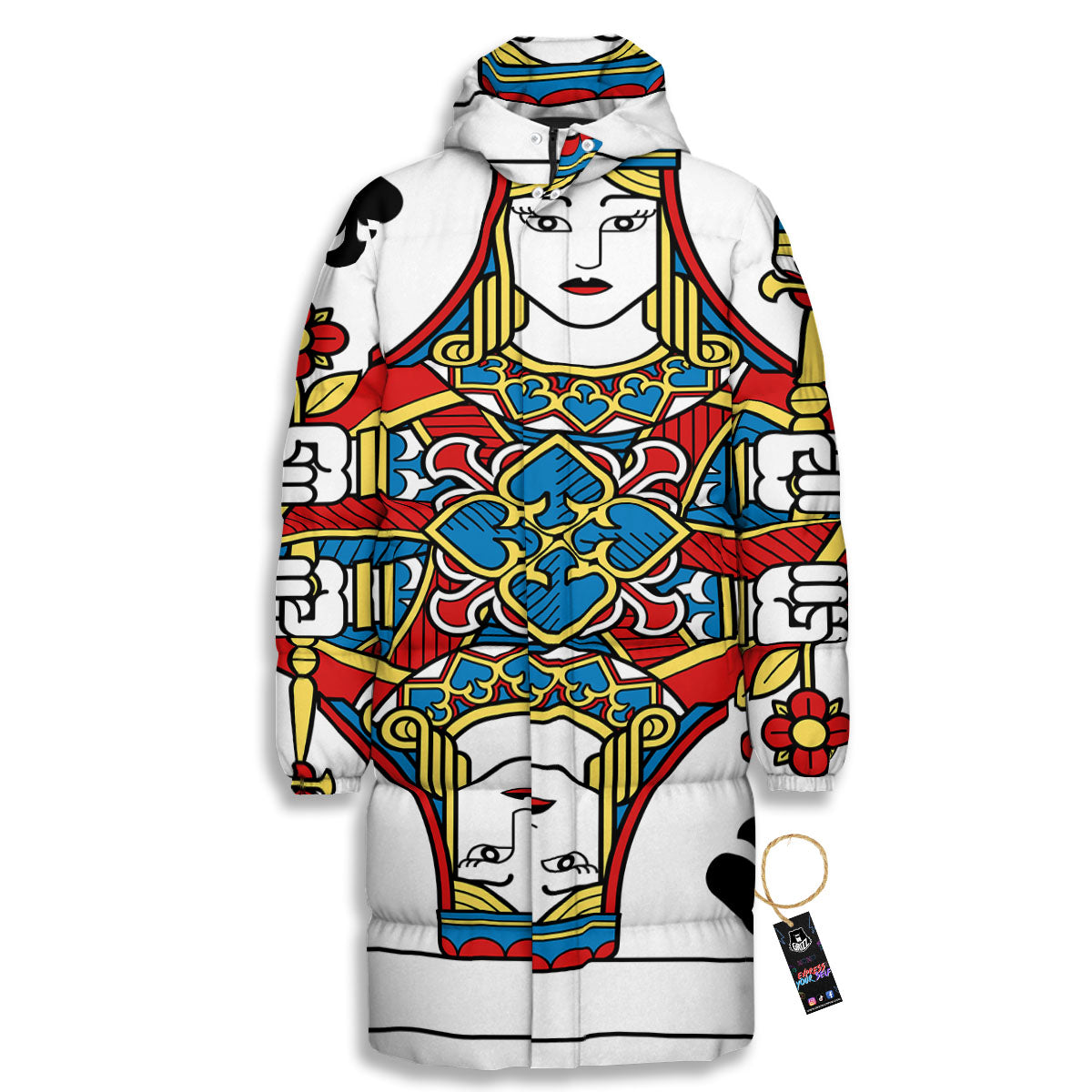 Playing Card Queen Of Spades Print Long Down Jacket