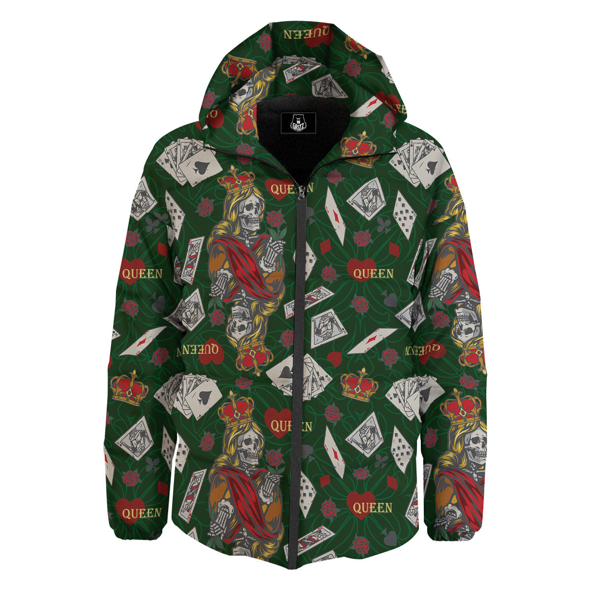 Playing Card Queen Of Spades Print Pattern Down Jacket