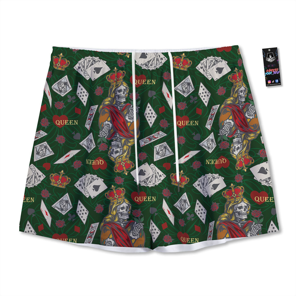 Playing Card Queen Of Spades Print Pattern Mesh Shorts