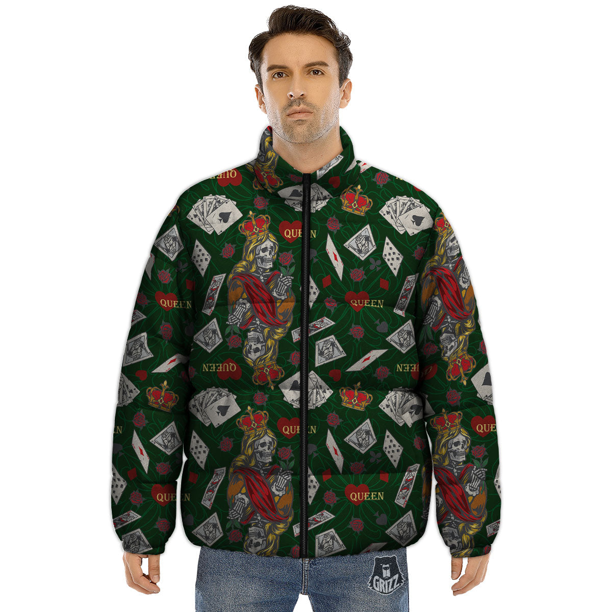 Playing Card Queen Of Spades Print Pattern Puffer Jacket