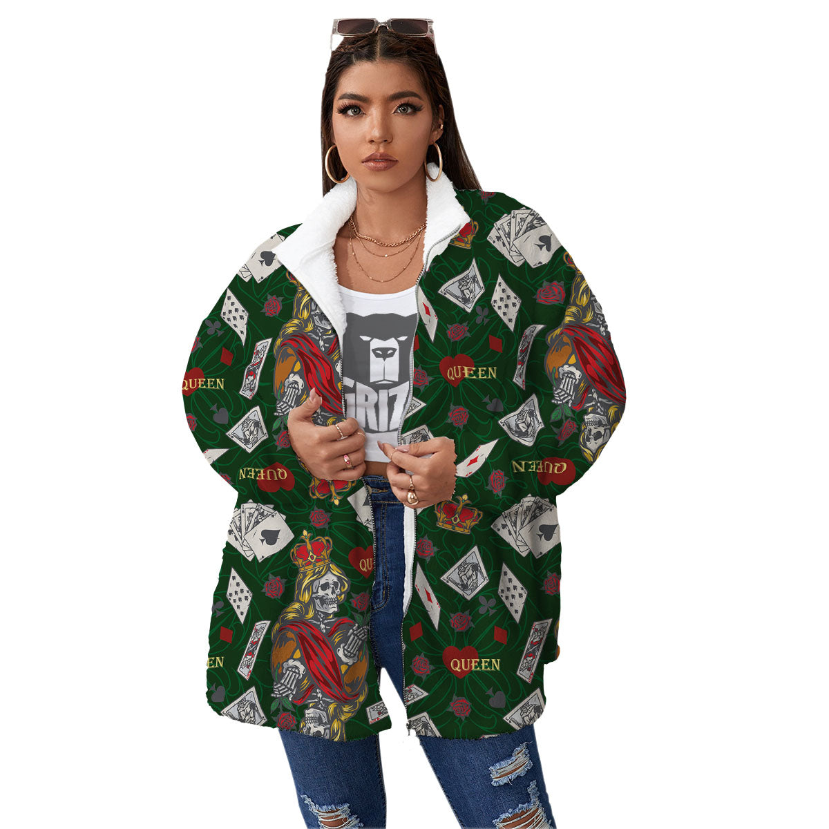 Playing Card Queen Of Spades Print Pattern Women's Sherpa Jacket