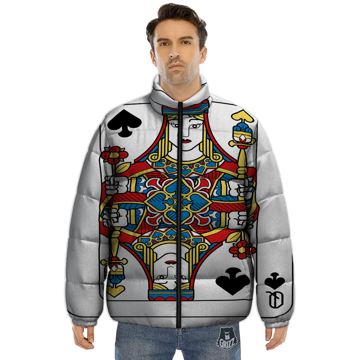 Playing Card Queen Of Spades Print Puffer Jacket
