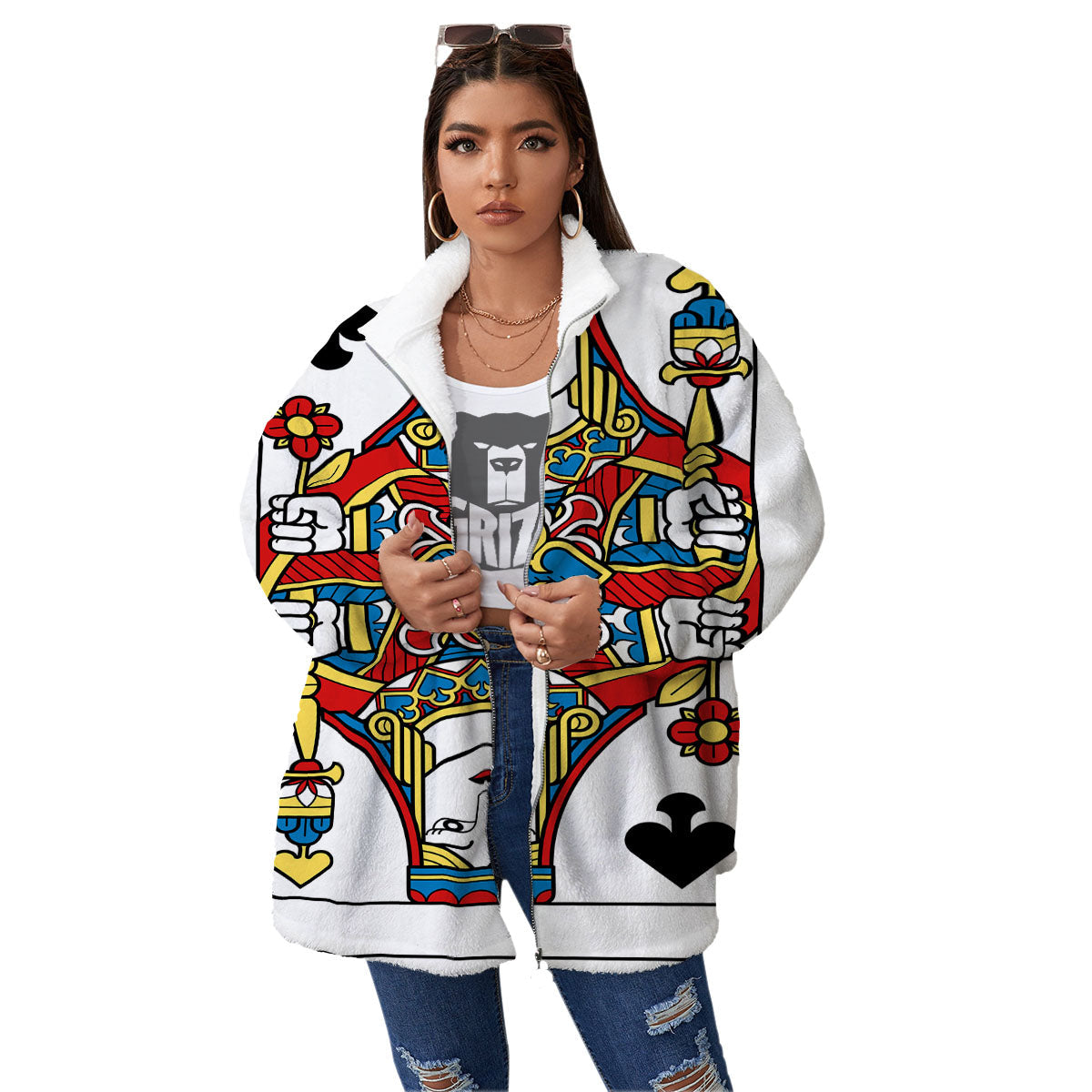 Playing Card Queen Of Spades Print Women's Sherpa Jacket