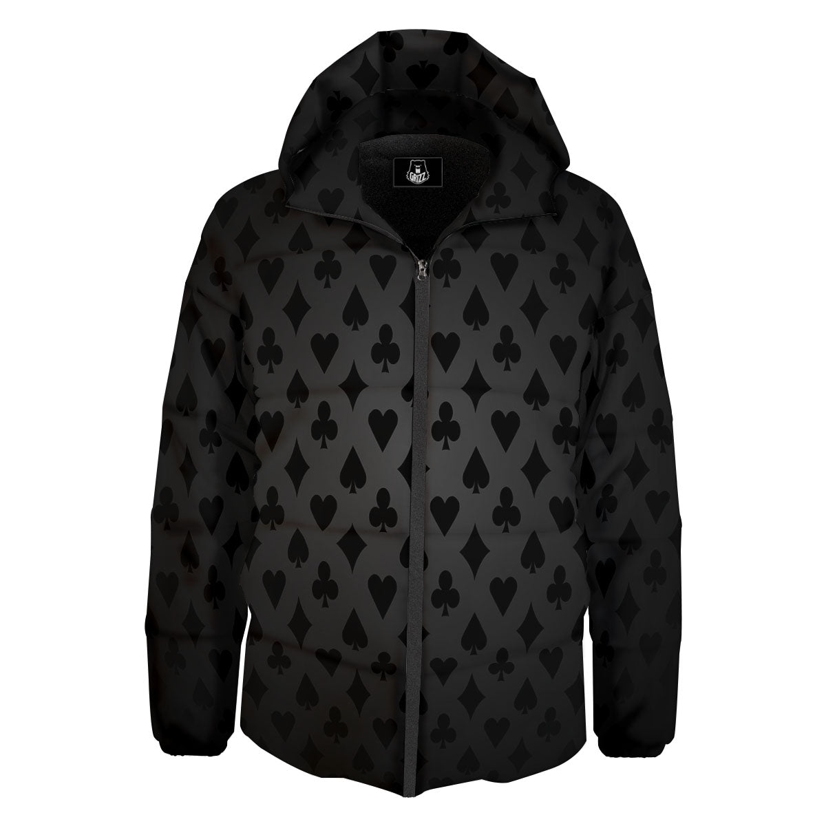 Playing Card Suits Grey And Black Print Down Jacket