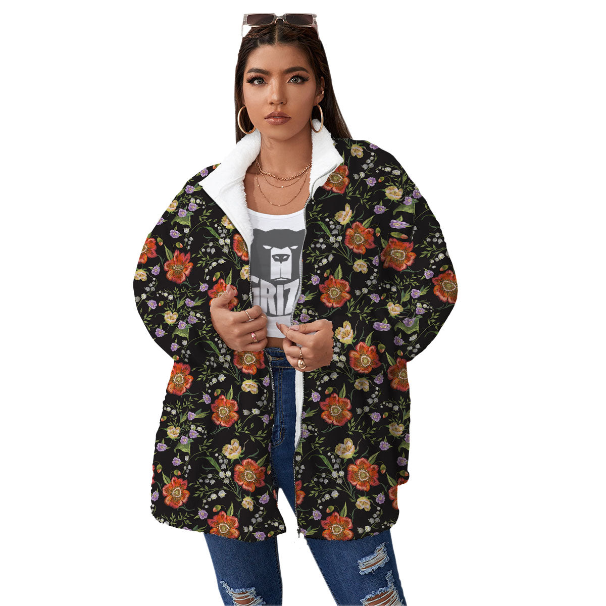 Poppy Embroidery Print Pattern Women's Sherpa Jacket