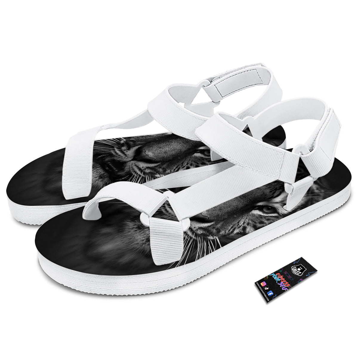 Portrait Black Tiger Print White Open Toe Sandals