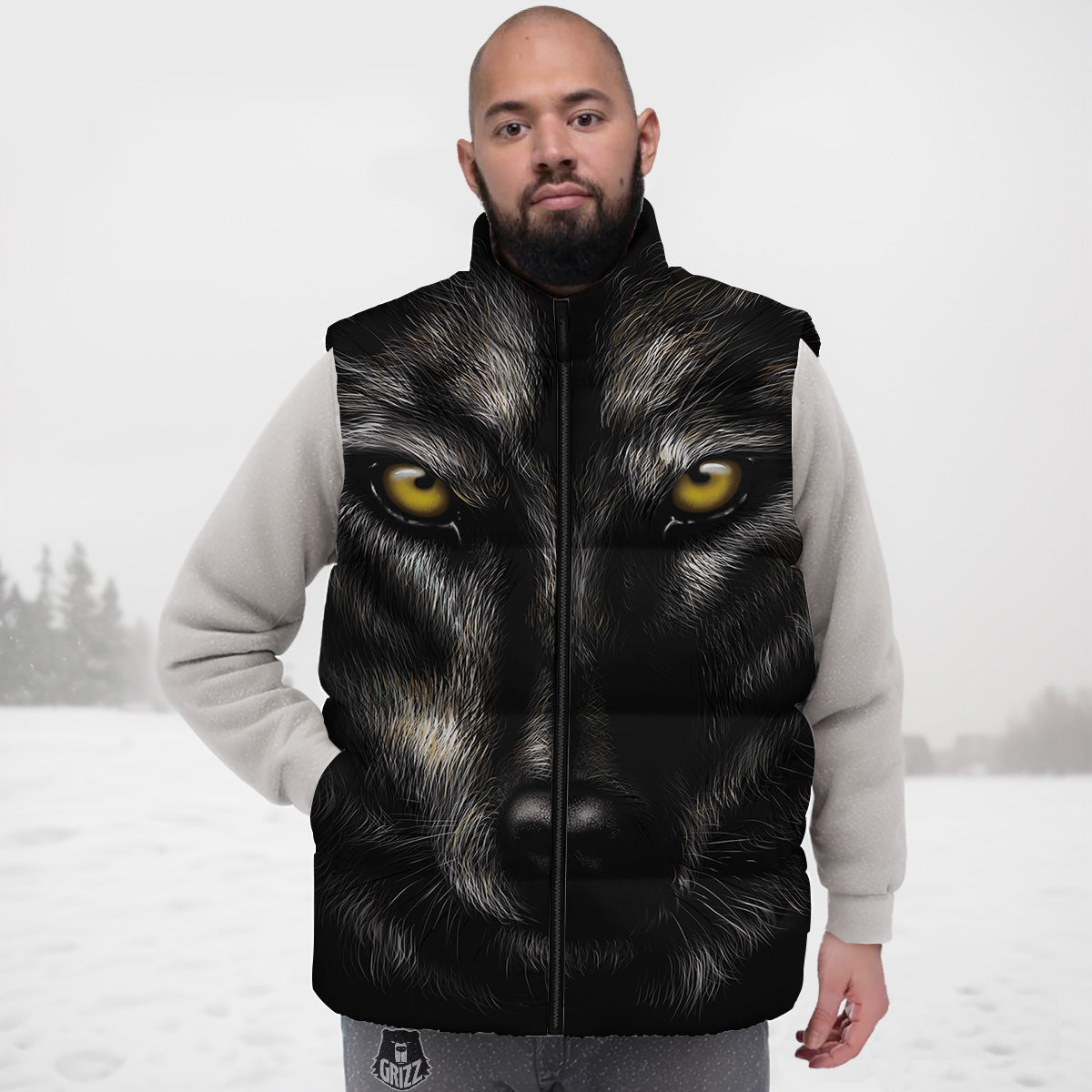 Portrait Black Wolf Print Down Vest
