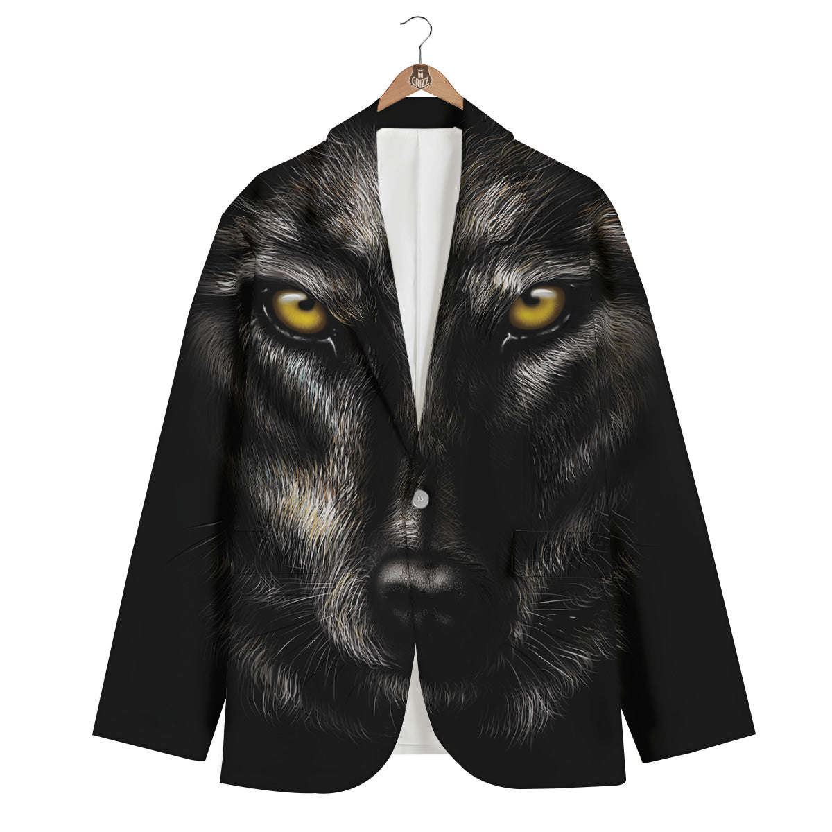 Portrait Black Wolf Print Men's Blazer