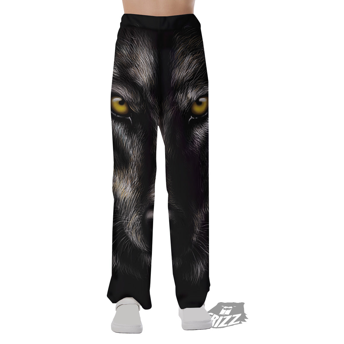 Portrait Black Wolf Print Pajama Pants