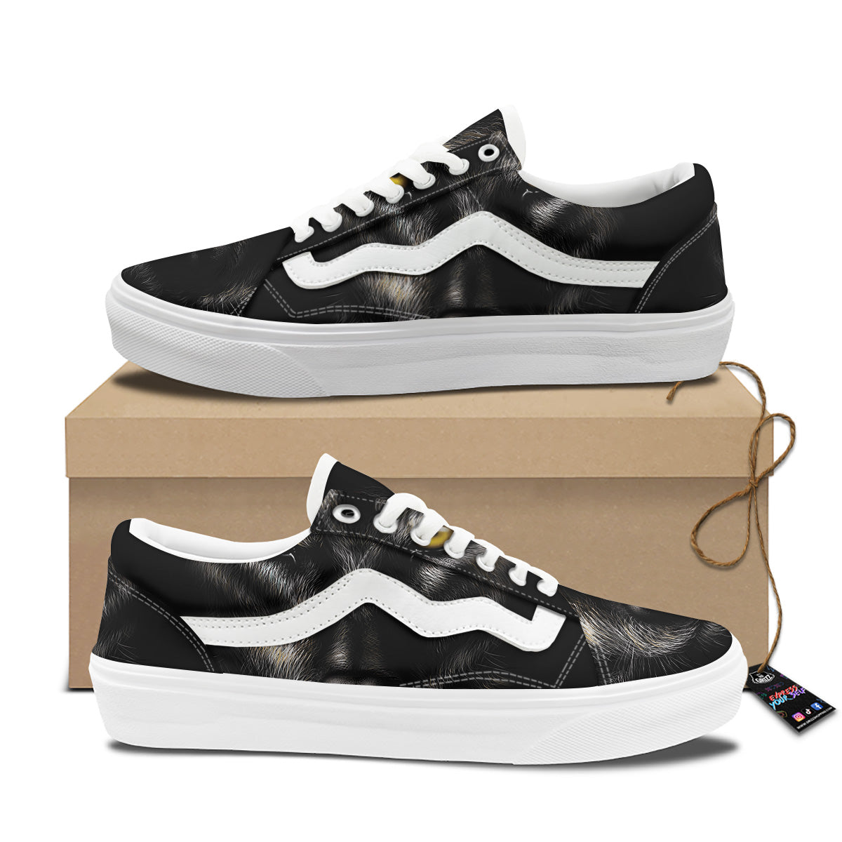 Portrait Black Wolf Print Skate Shoes