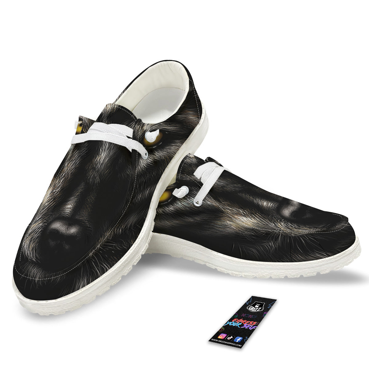 Portrait Black Wolf Print White Loafers