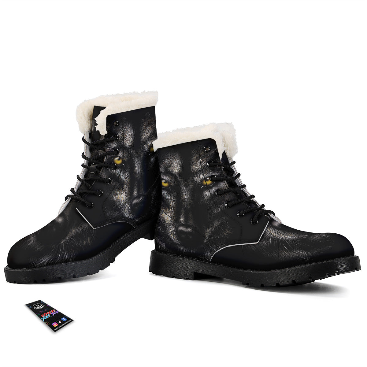 Portrait Black Wolf Print Winter Boots