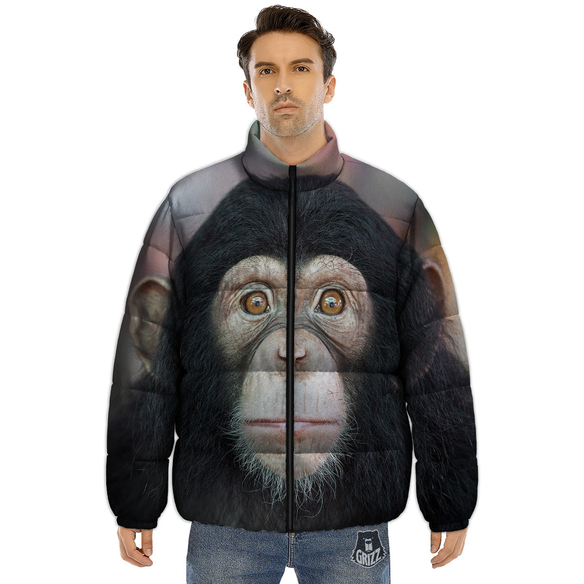 Portrait Chimpanzee Print Puffer Jacket