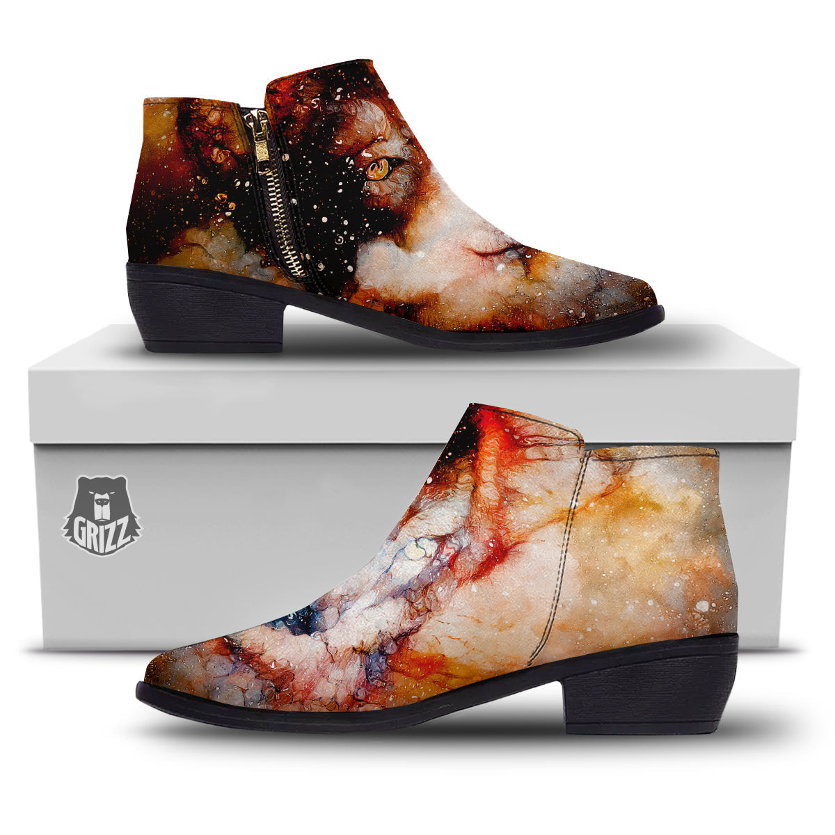 Portrait Cosmic Wolf Print Ankle Boots