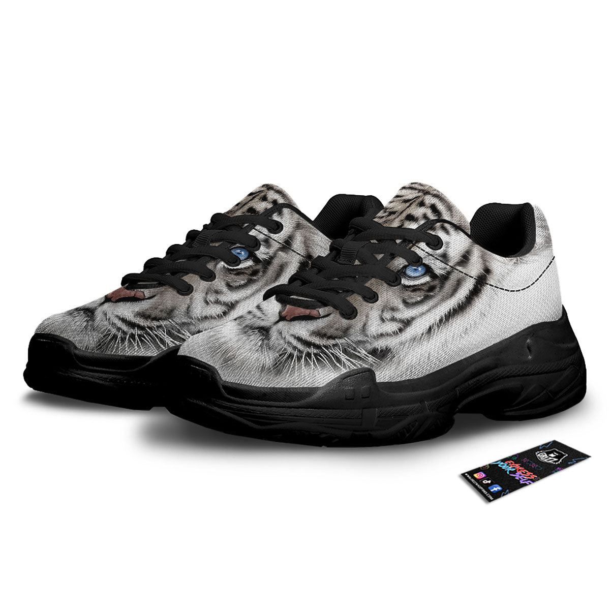 Portrait White Tiger Print Black Chunky Shoes