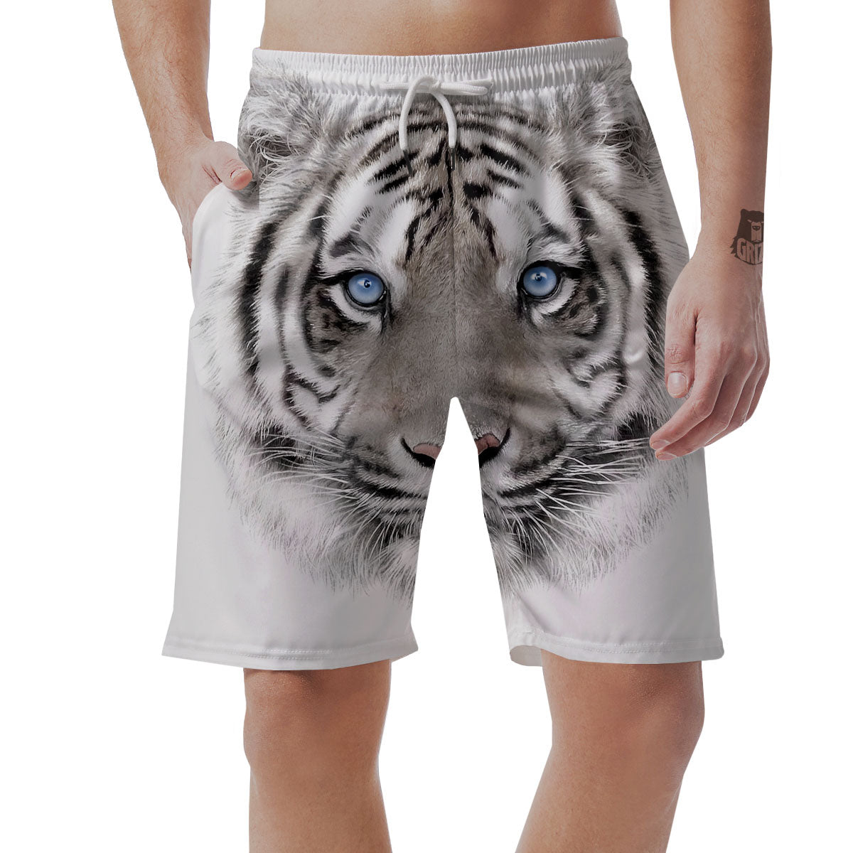 Portrait White Tiger Print Men's Shorts
