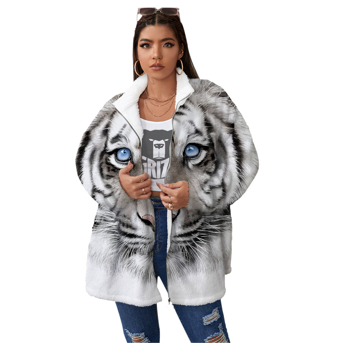 Portrait White Tiger Print Women's Sherpa Jacket