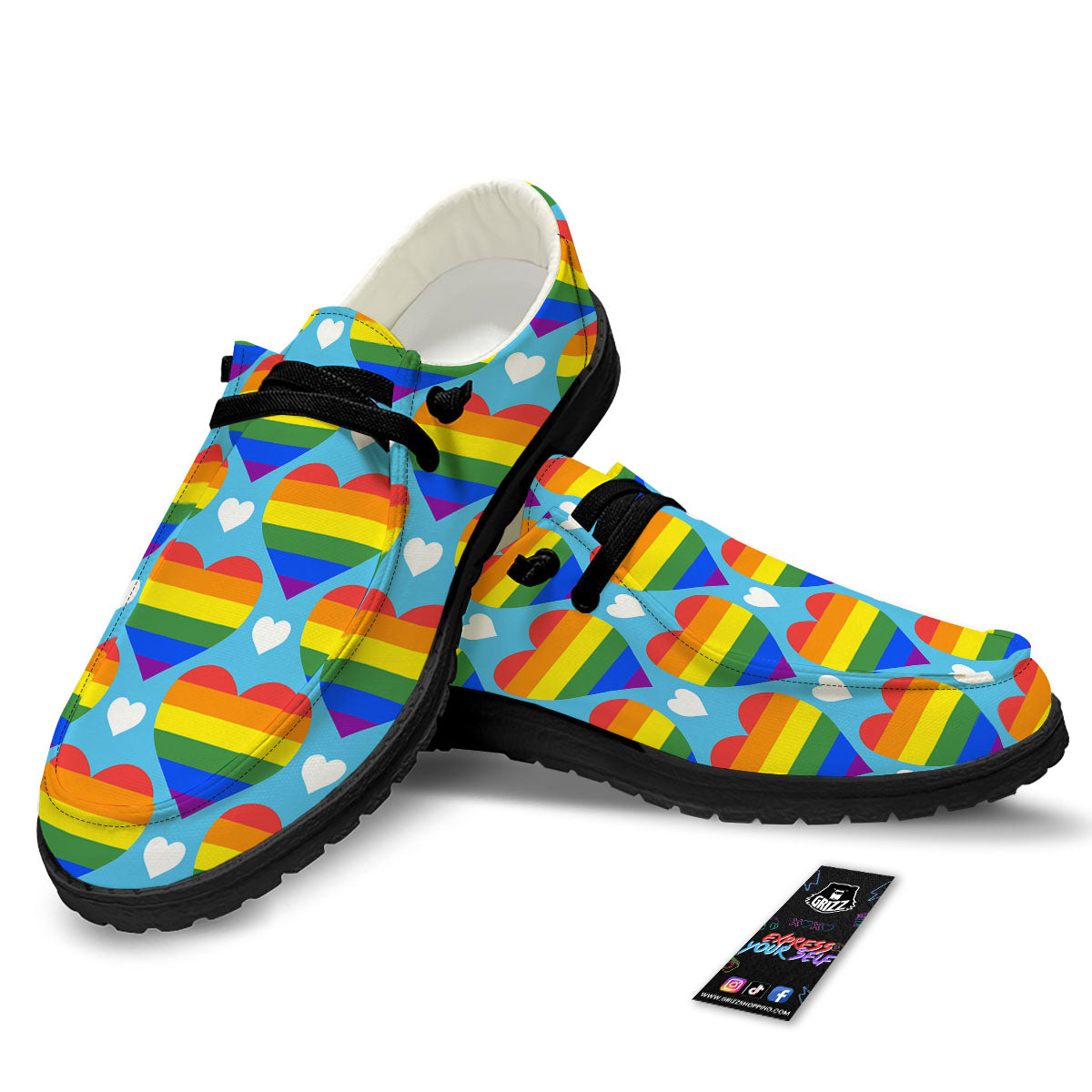 Pride Heart Rainbow LGBT Print Pattern Black Loafers