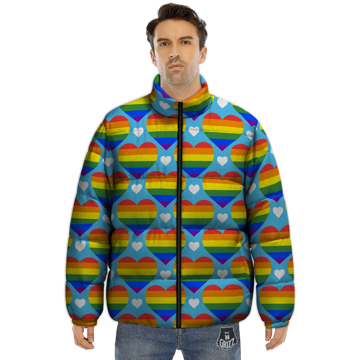 Pride Heart Rainbow LGBT Print Pattern Puffer Jacket
