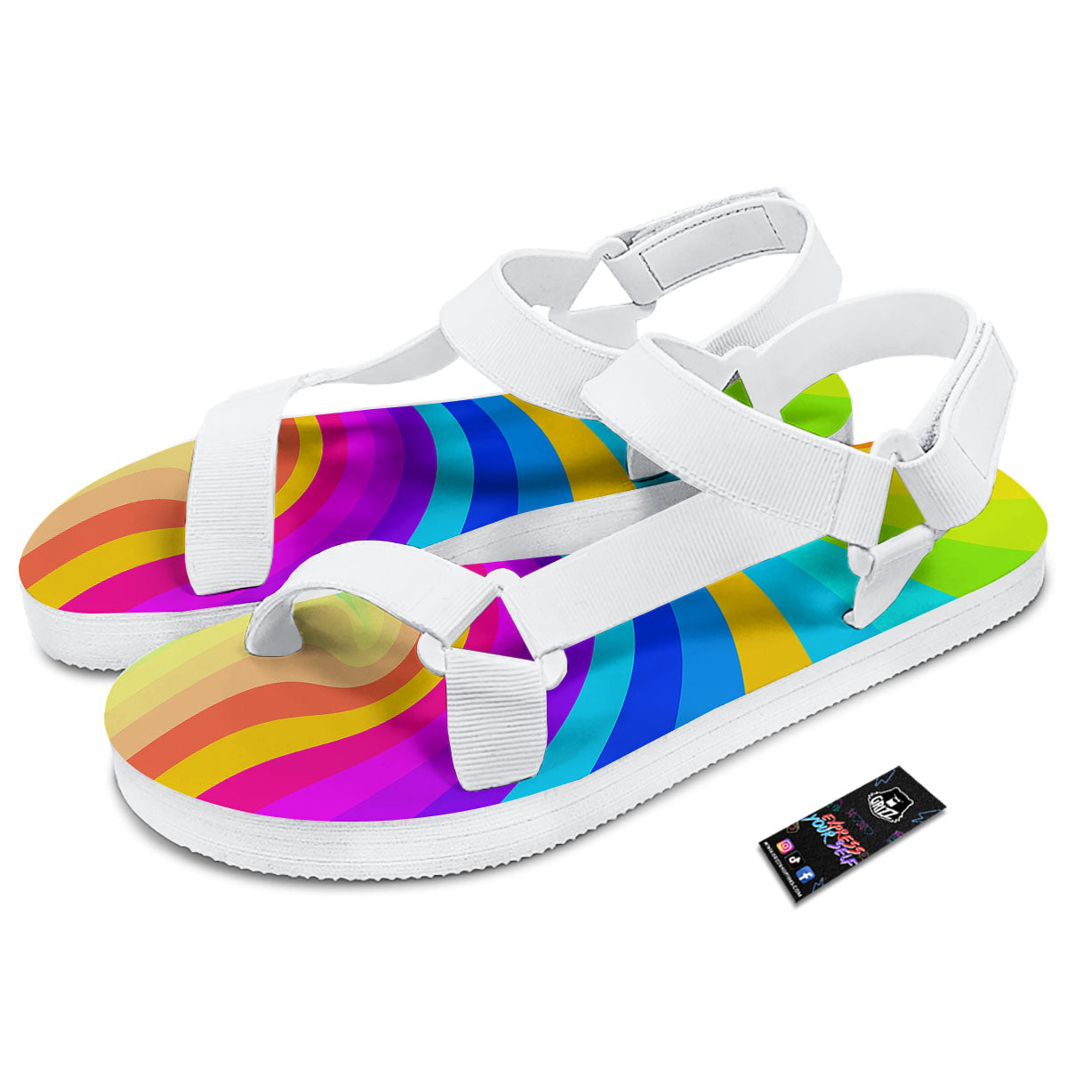 Psychedelic Rainbow Torus Print White Open Toe Sandals