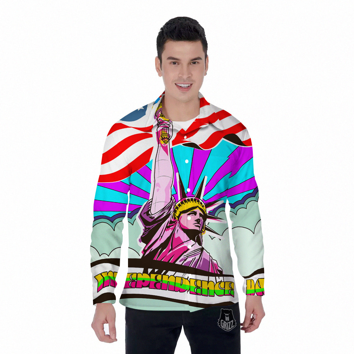 Psychedelic USA Statue of Liberty Independence Day Print Men's Long Sl