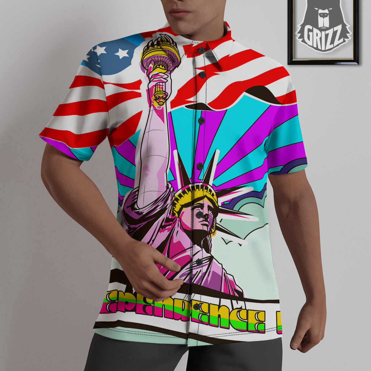 Psychedelic USA Statue of Liberty Independence Day Print Untucked Shirts