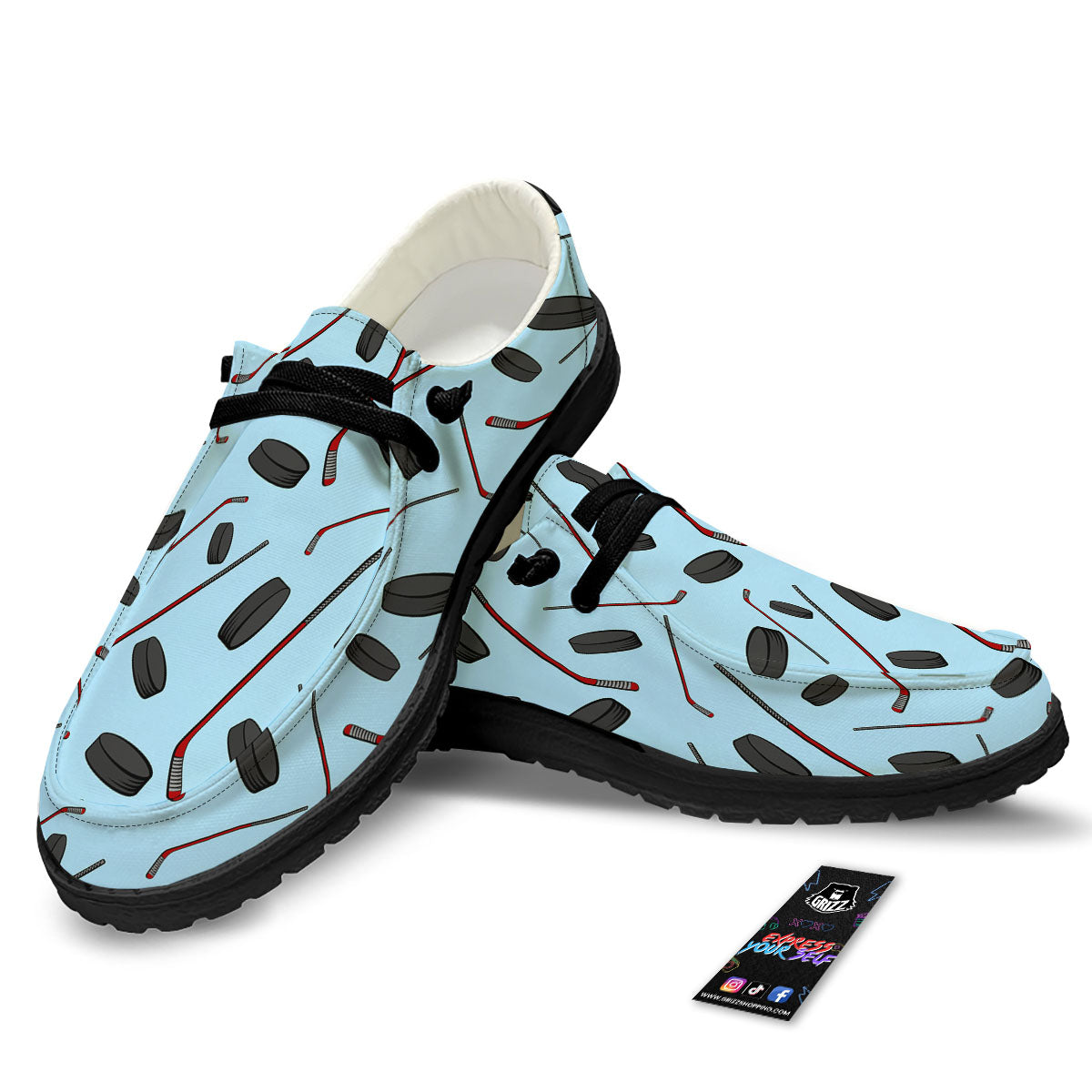 Puck And Hockey Stick Print Pattern Black Loafers