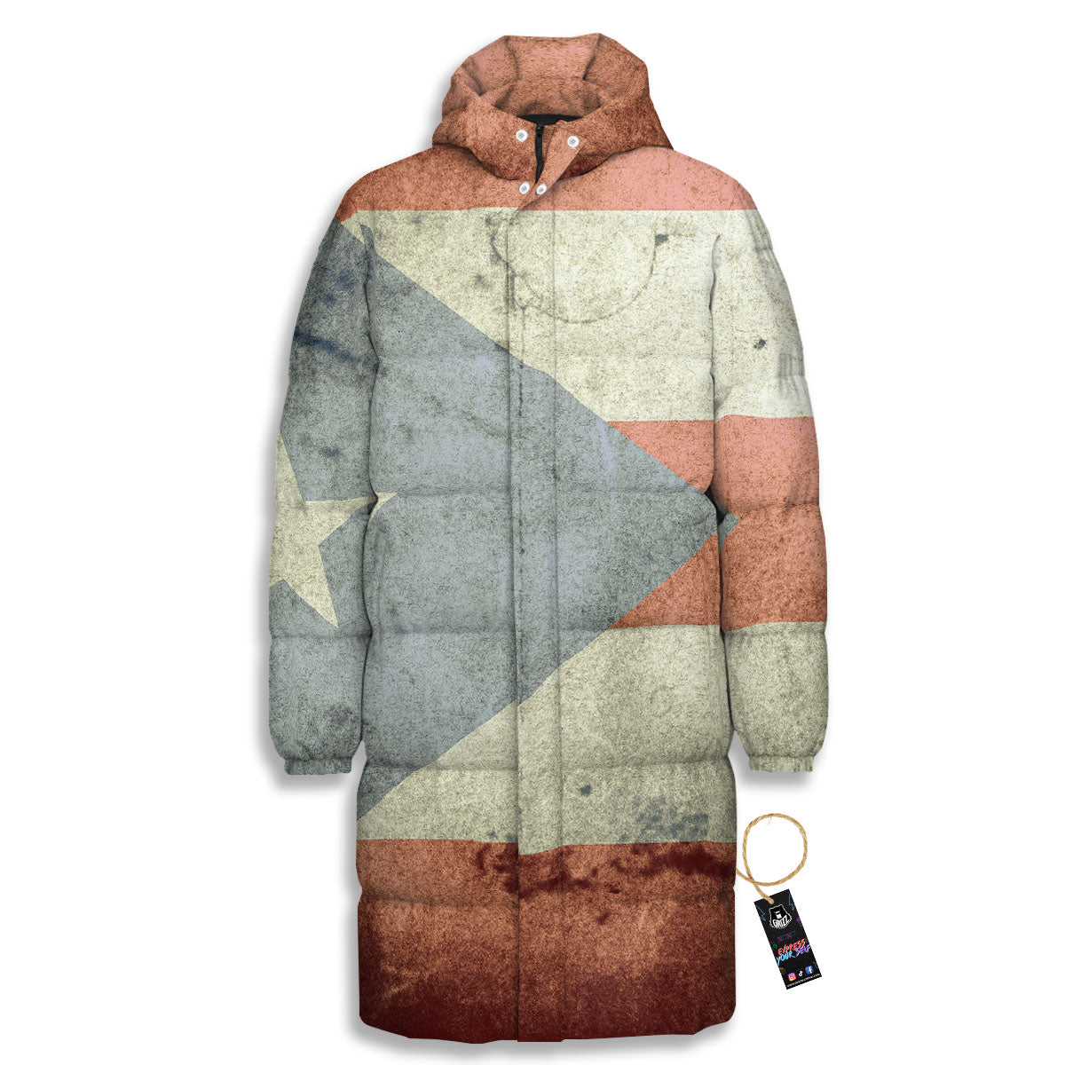 Puerto Rican Flag Grunge Print Long Down Jacket