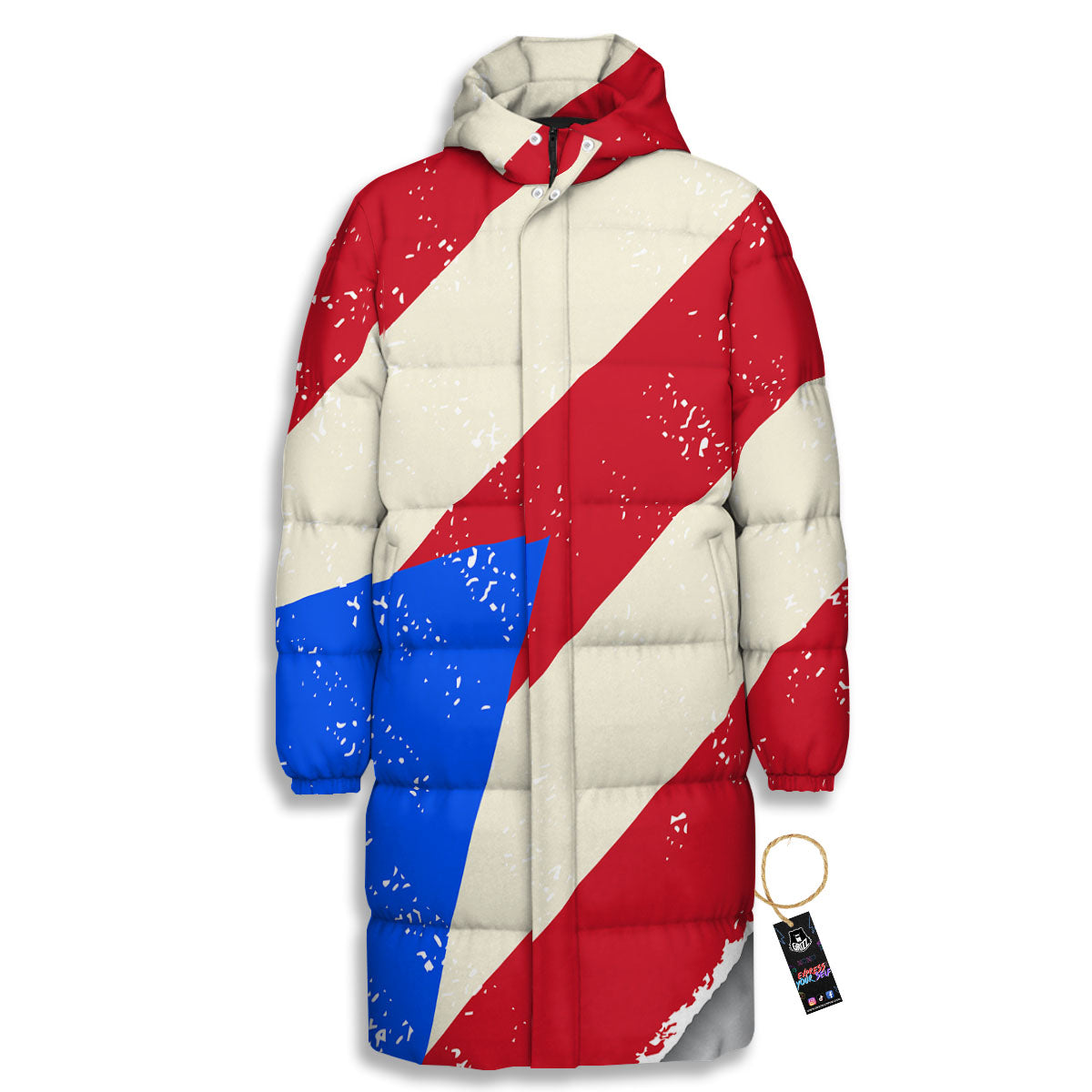 Puerto Rican Retro Flag Print Long Down Jacket