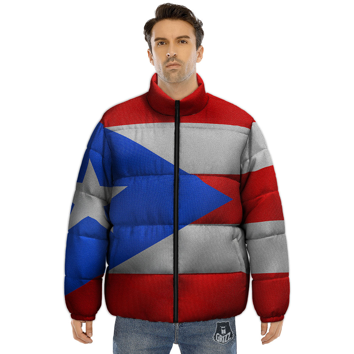 Puerto Rican Wrinkled Flag Print Puffer Jacket