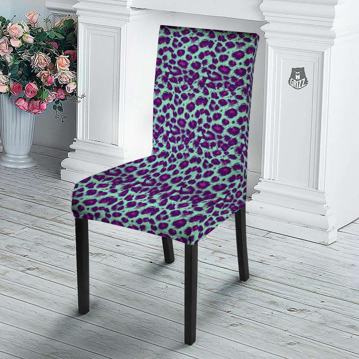 Purple And Blue Neon Leopard Print Dining Chair Slipcover