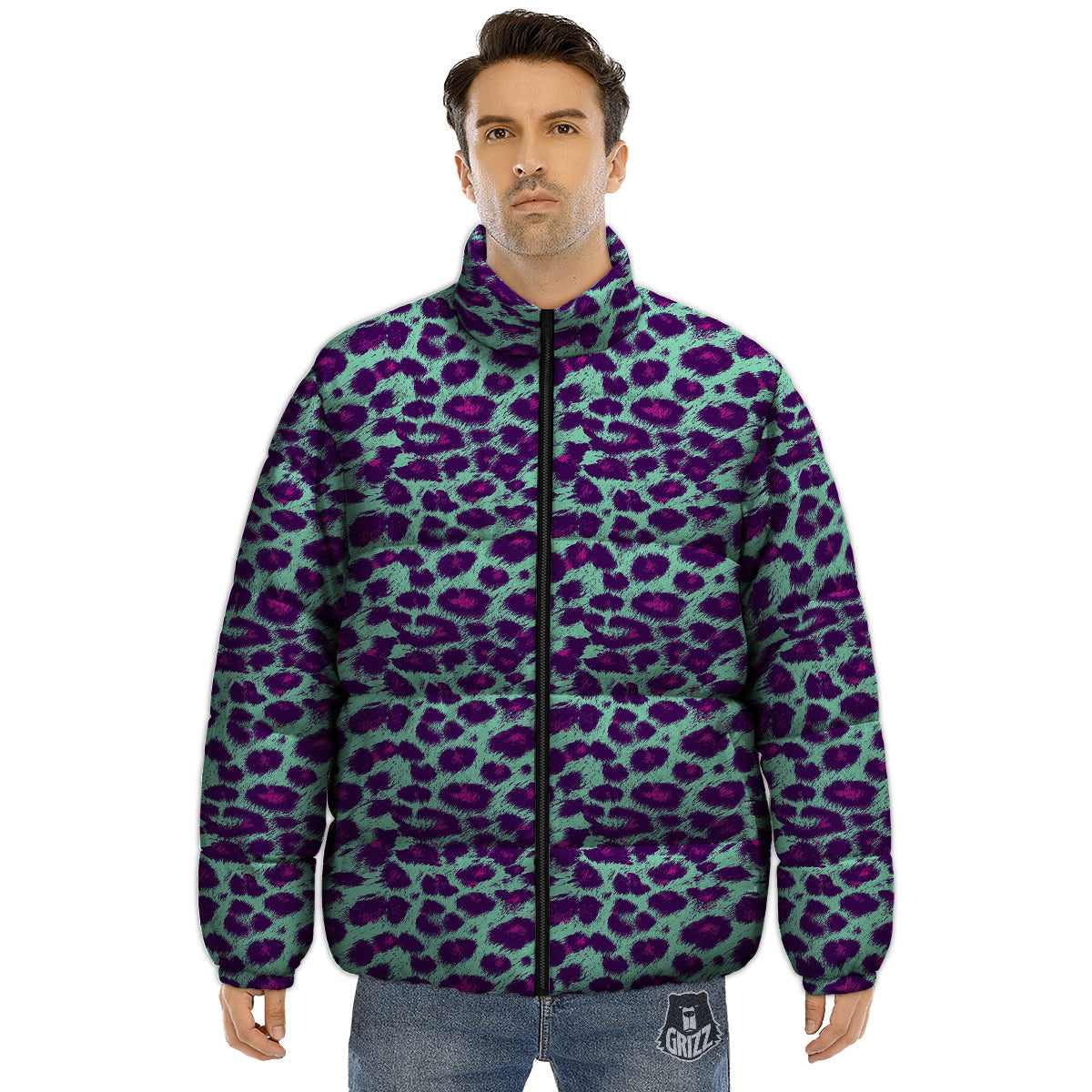 Purple And Blue Neon Leopard Print Puffer Jacket