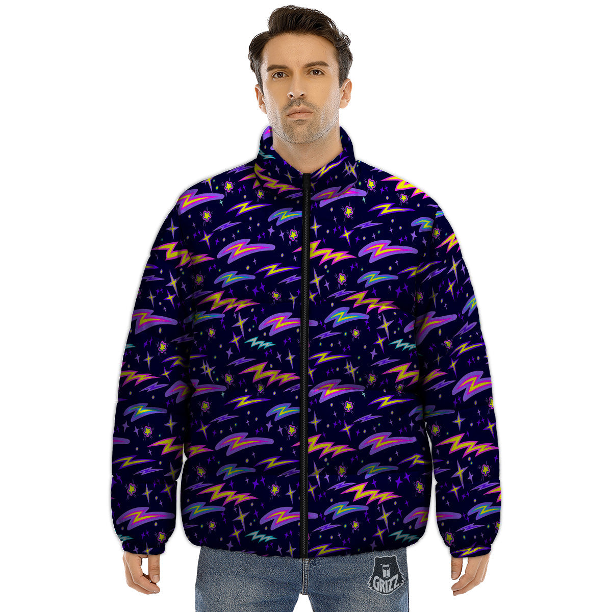 Purple Lightning Flashes Print Pattern Puffer Jacket