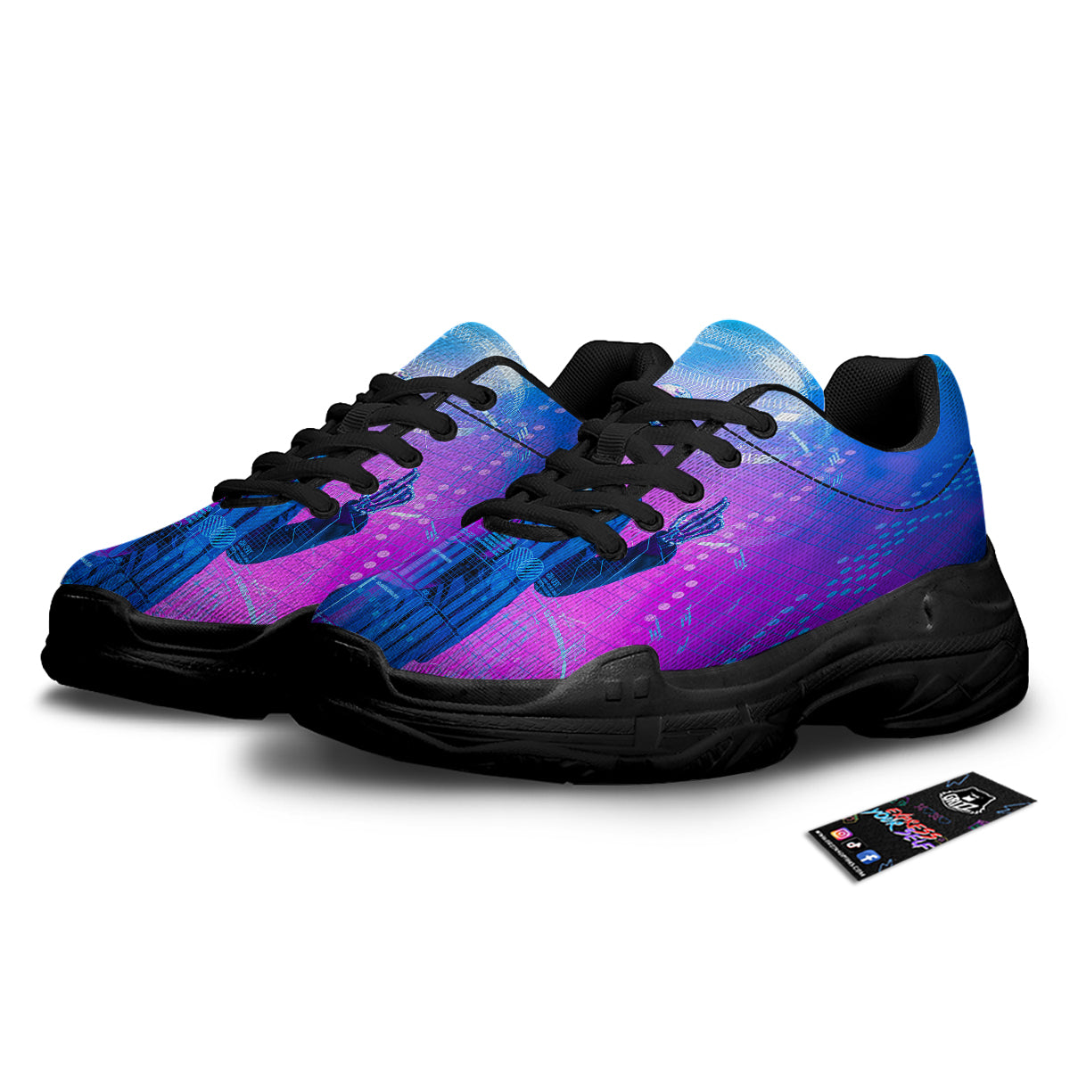 Purple Skeleton Cyber Print Black Chunky Shoes