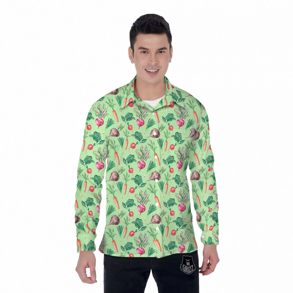 Radish And Watercolor Carrot Print Pattern Men's Long Sleeve Shirts