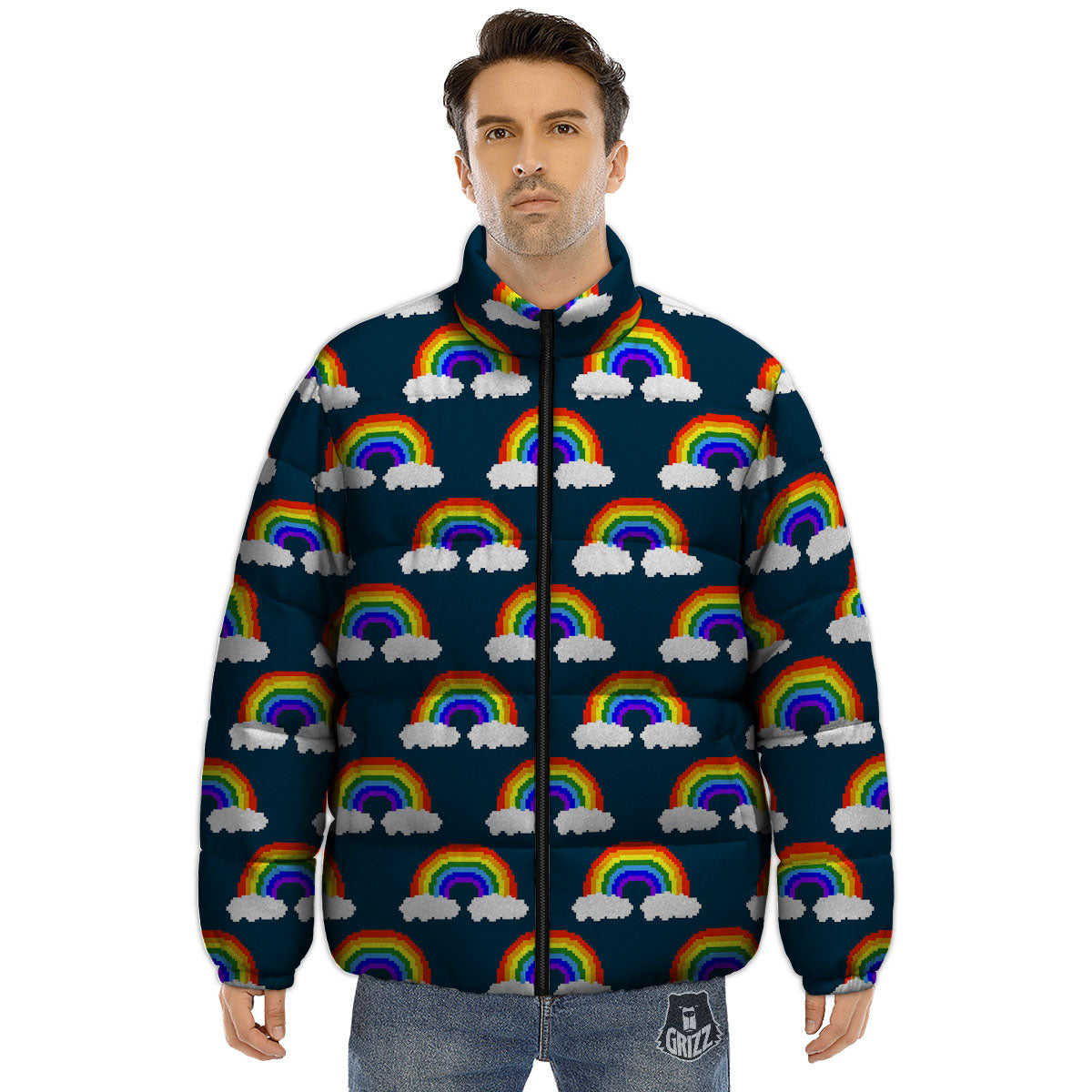 Rainbow Pixel Print Pattern Puffer Jacket