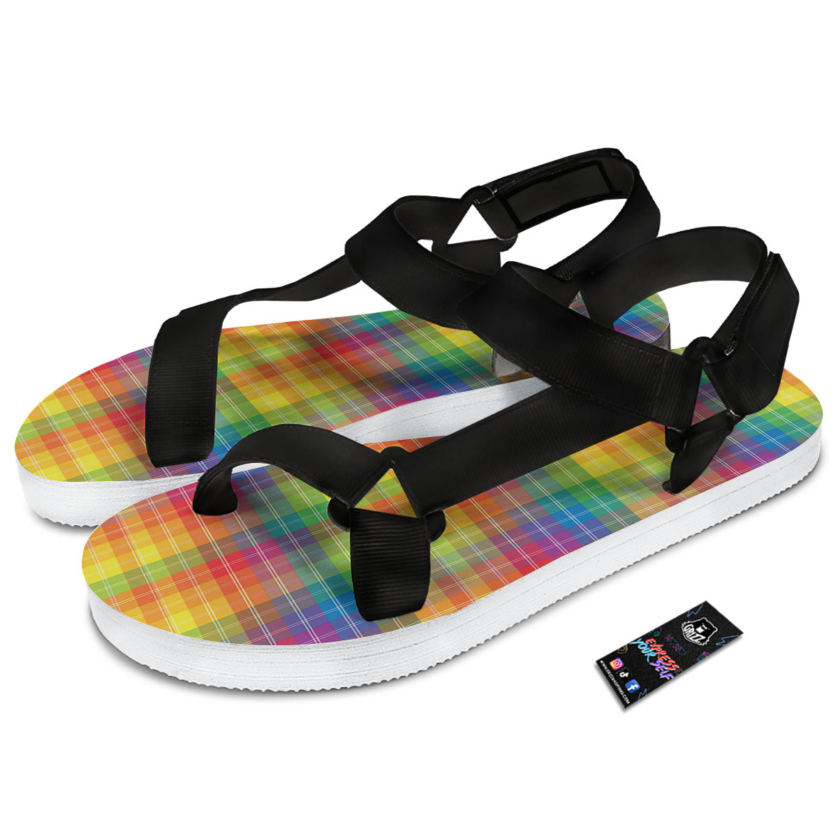 Rainbow Plaid LGBT Pride Print Pattern Black Open Toe Sandals