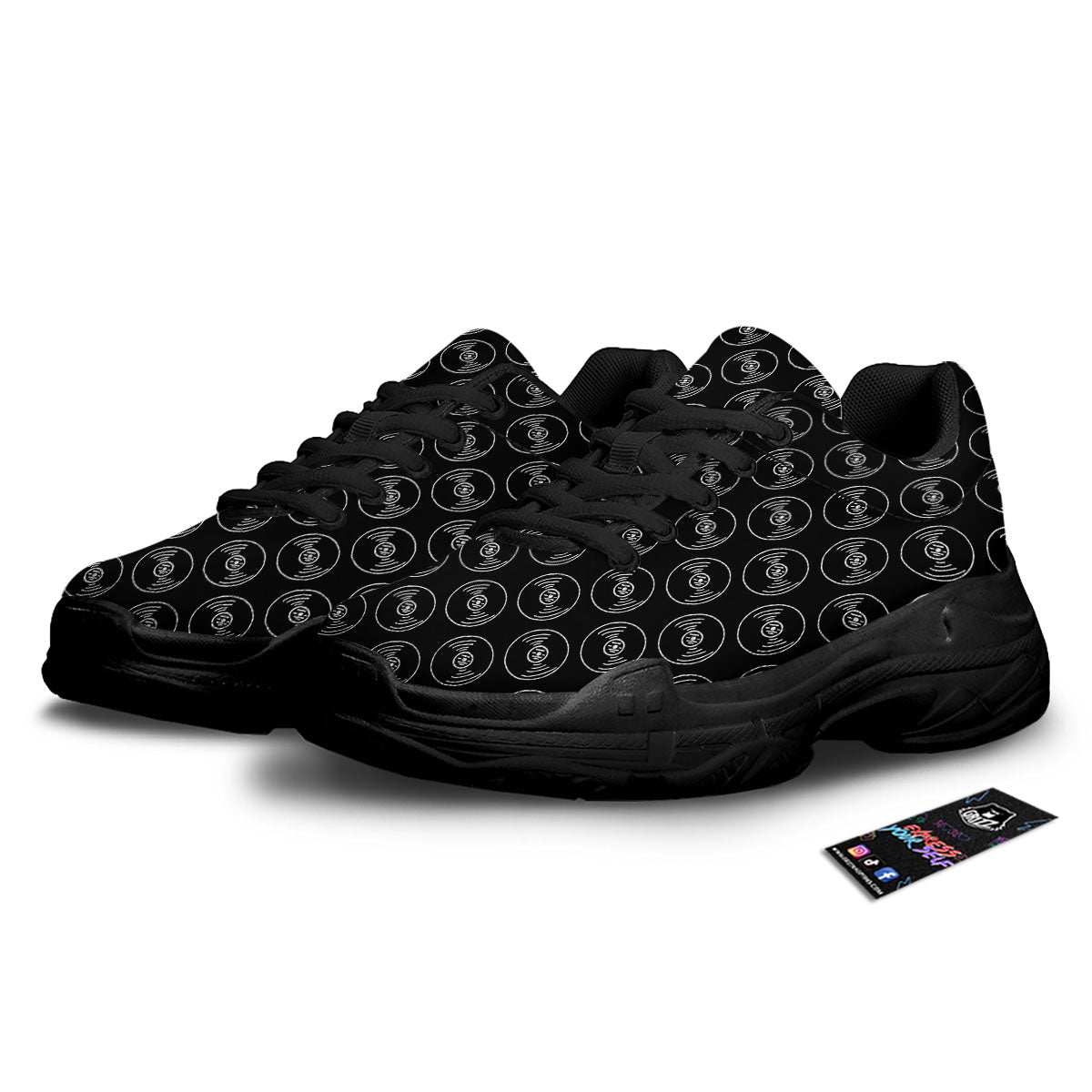 Record Black Vinyl Print Pattern Black Chunky Shoes