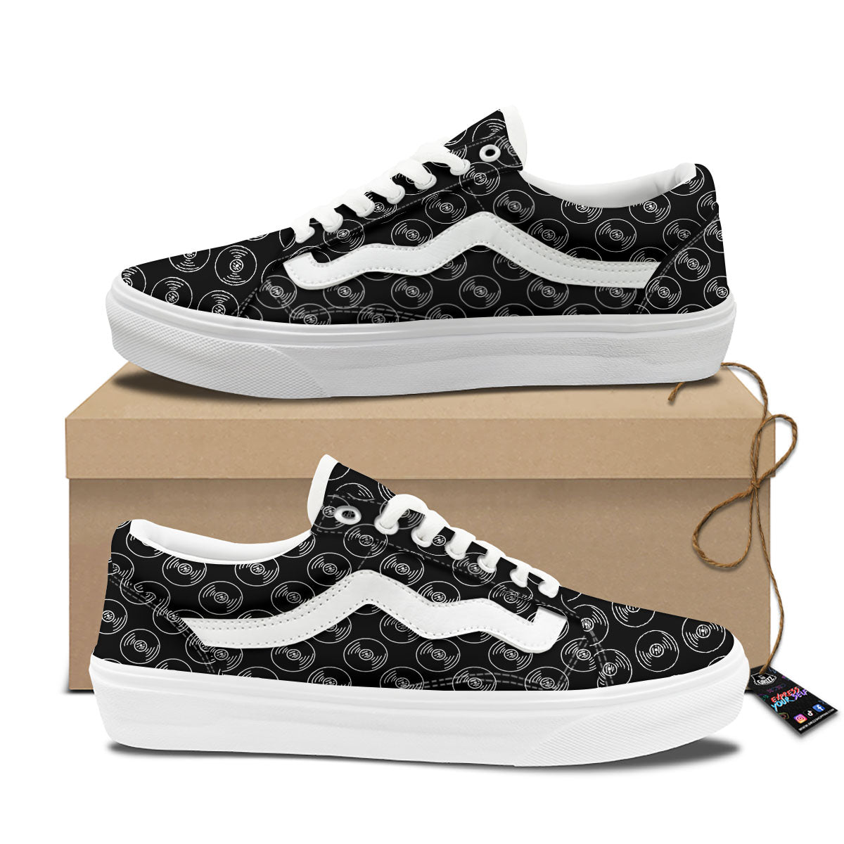 Record Black Vinyl Print Pattern Skate Shoes