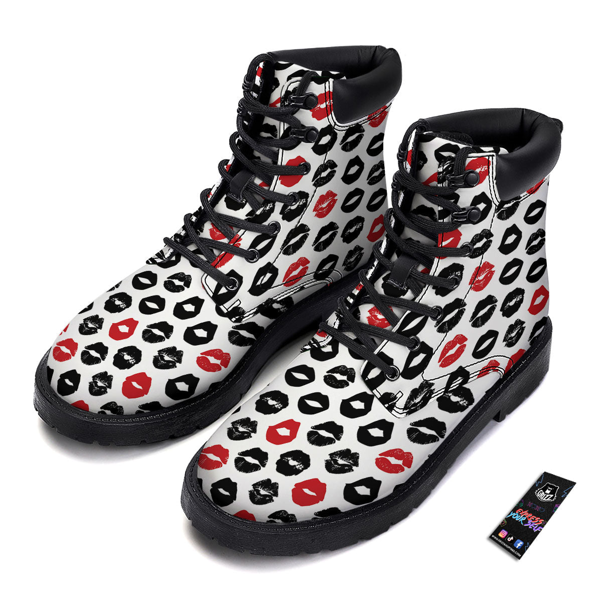 Red And Black Lips Print Pattern Boots