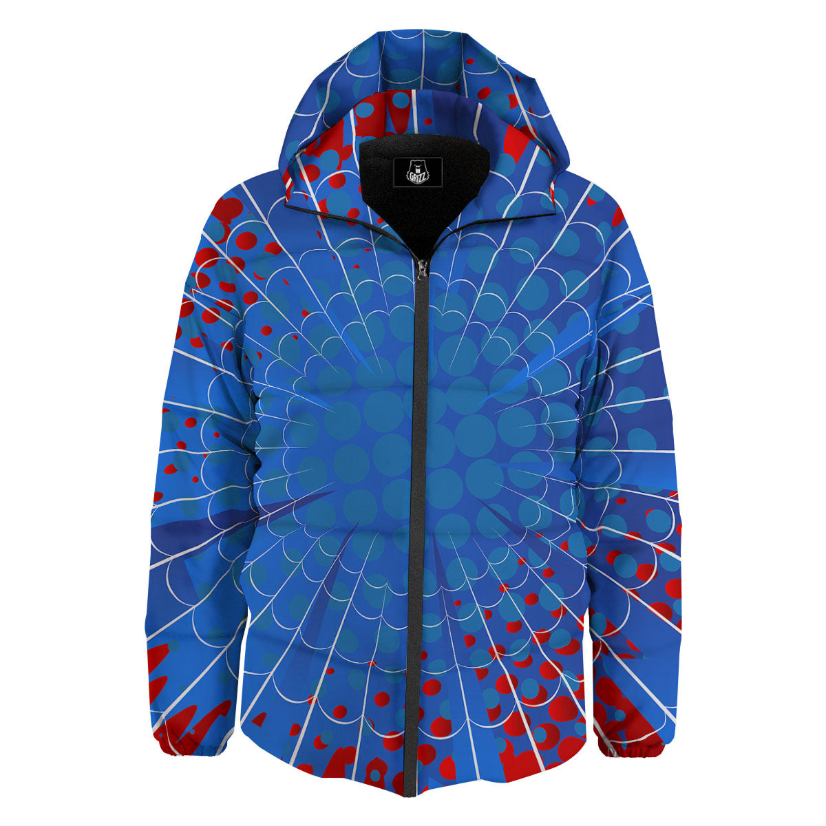 Red And Blue Spider Web Cartoon Print Down Jacket