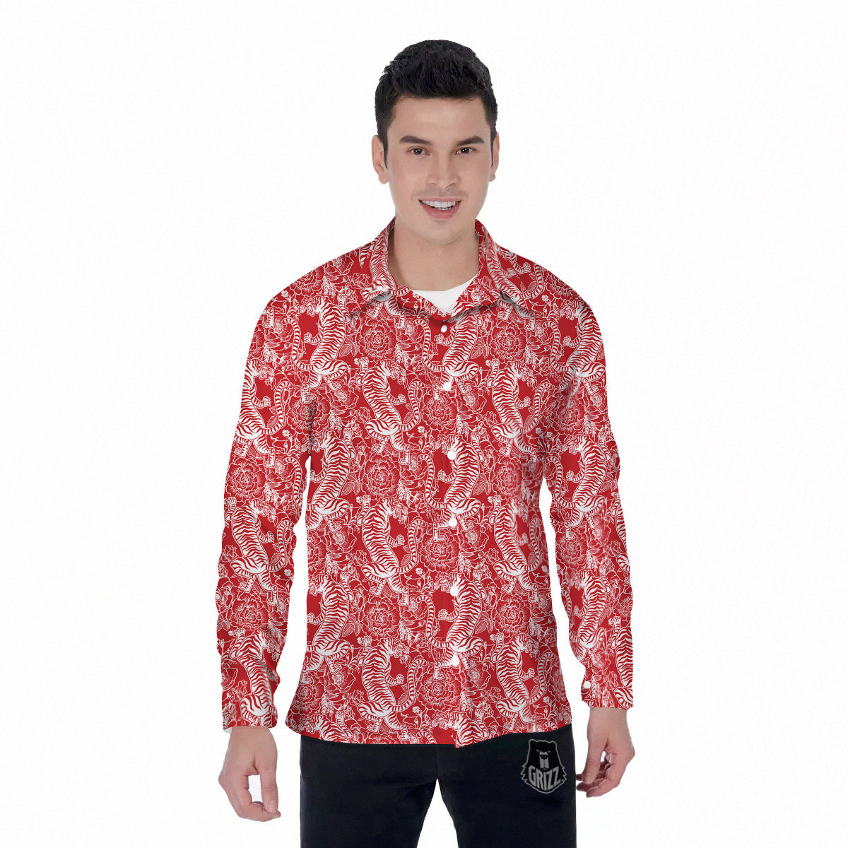 Red And White Chinese Tiger Print Pattern Men's Long Sleeve Shirts