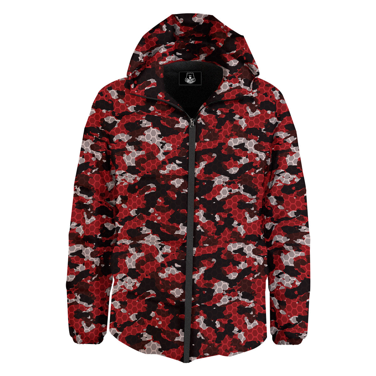 Red Black Hi Tech Camo Hexagonal Grid Print Pattern Down Jacket