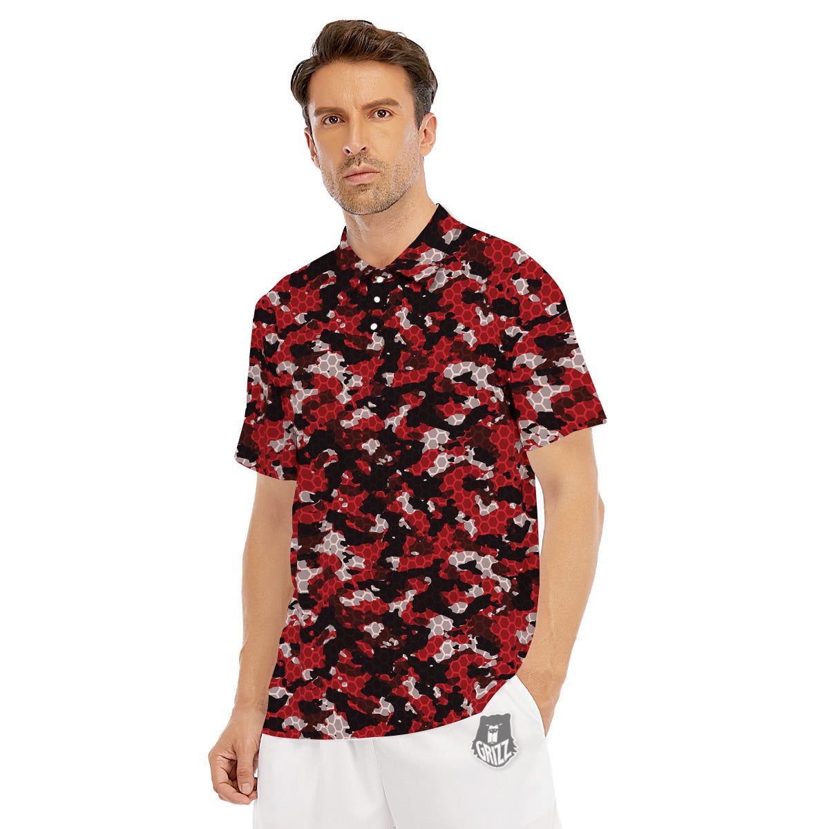 Red Black Hi Tech Camo Hexagonal Grid Print Pattern Men's Golf Shirts ...