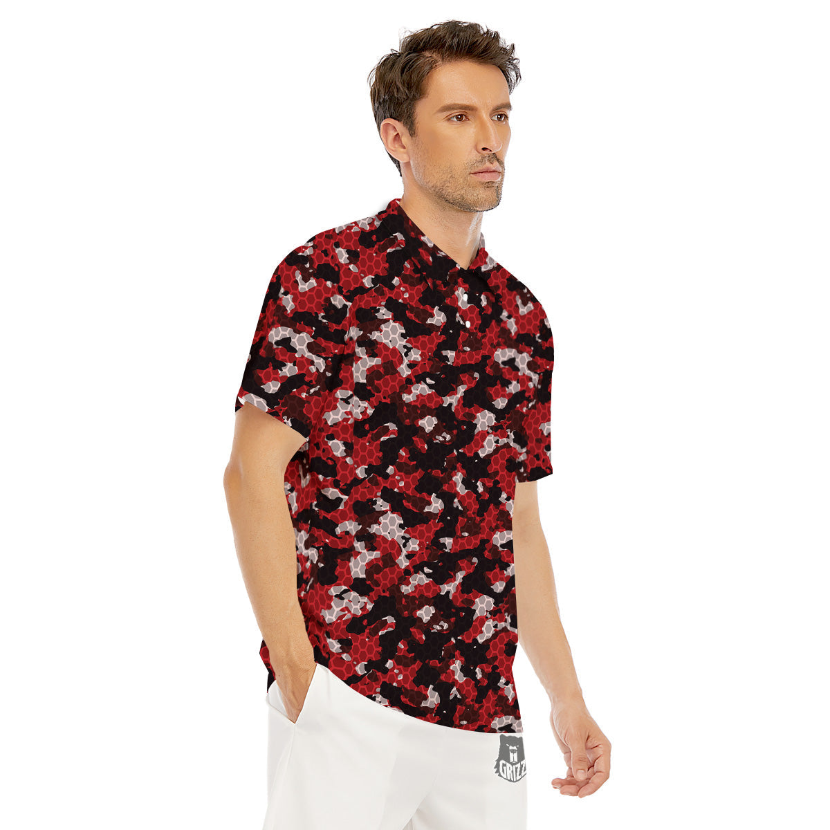 Red Black Hi Tech Camo Hexagonal Grid Print Pattern Men's Golf Shirts ...