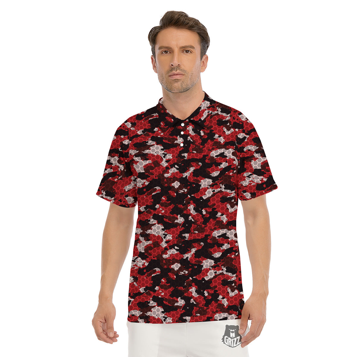 Red Black Hi Tech Camo Hexagonal Grid Print Pattern Men's Golf Shirts ...