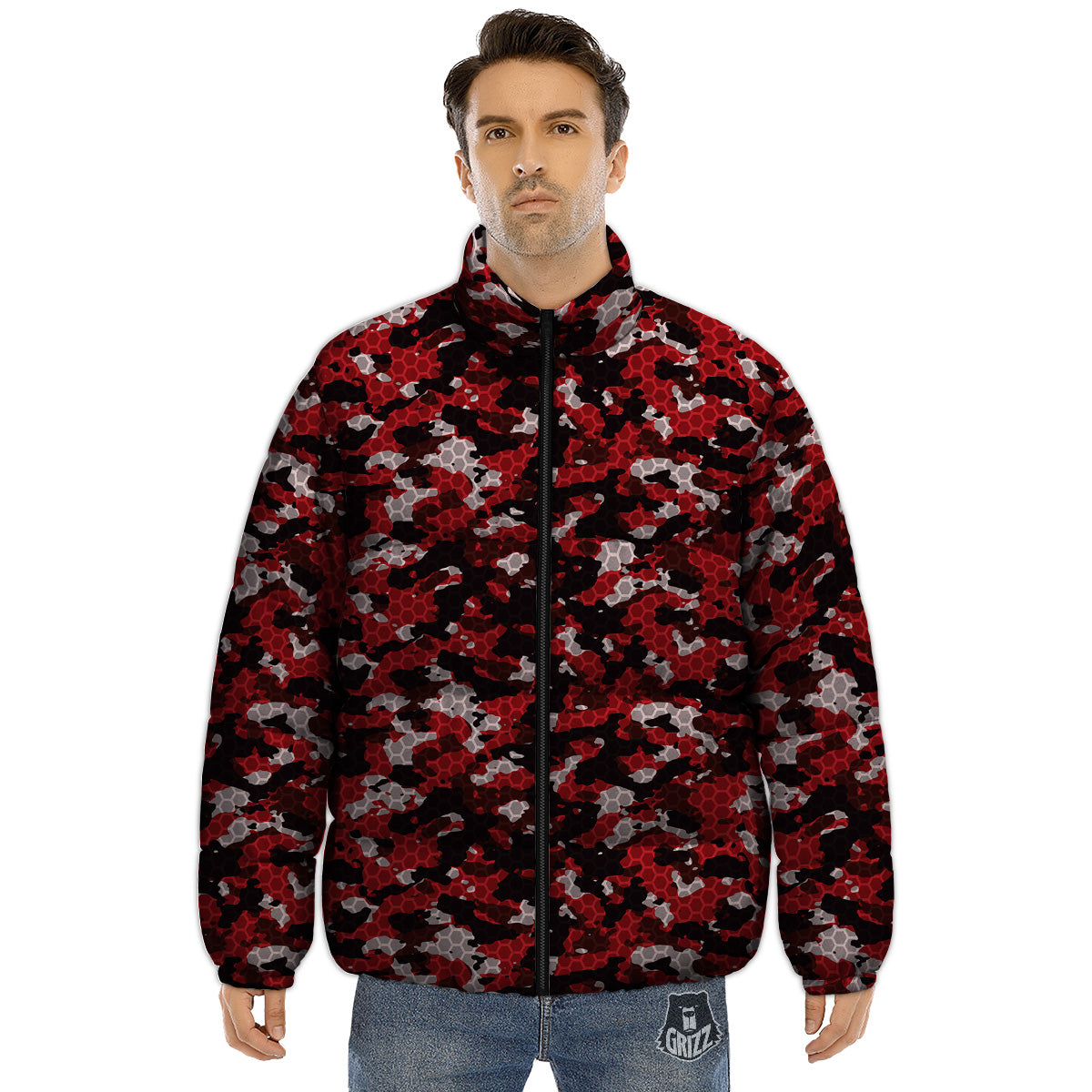 Red Black Hi Tech Camo Hexagonal Grid Print Pattern Puffer Jacket