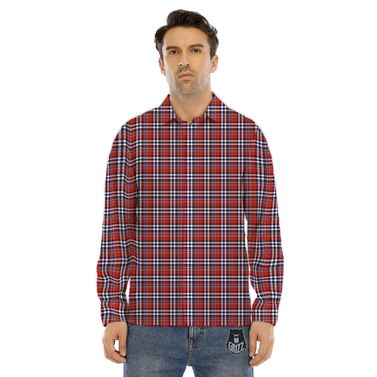 Red Blue And White Check Print Pattern Men's Dress Shirts
